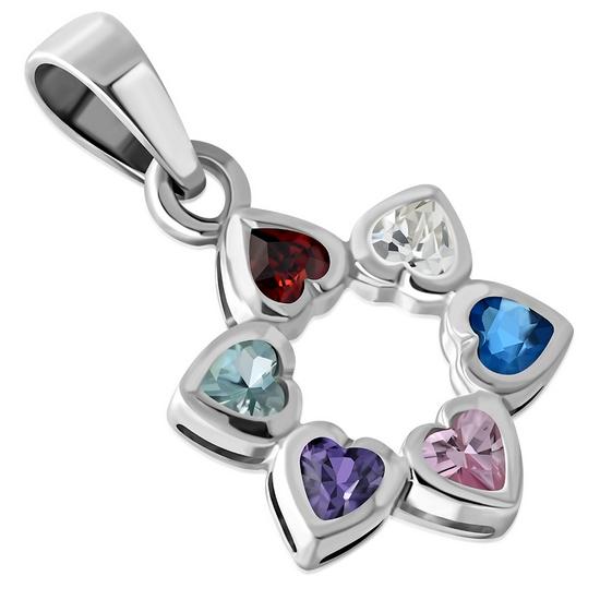 Jewish Stone Pendants: Mix Color CZ Heart Shape Star David Pendant, p410
